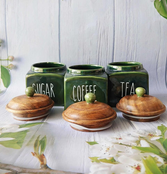 Green Square Solid Ceremic Tea Coffee Sugar Canisters 500ml – Grey Pottery