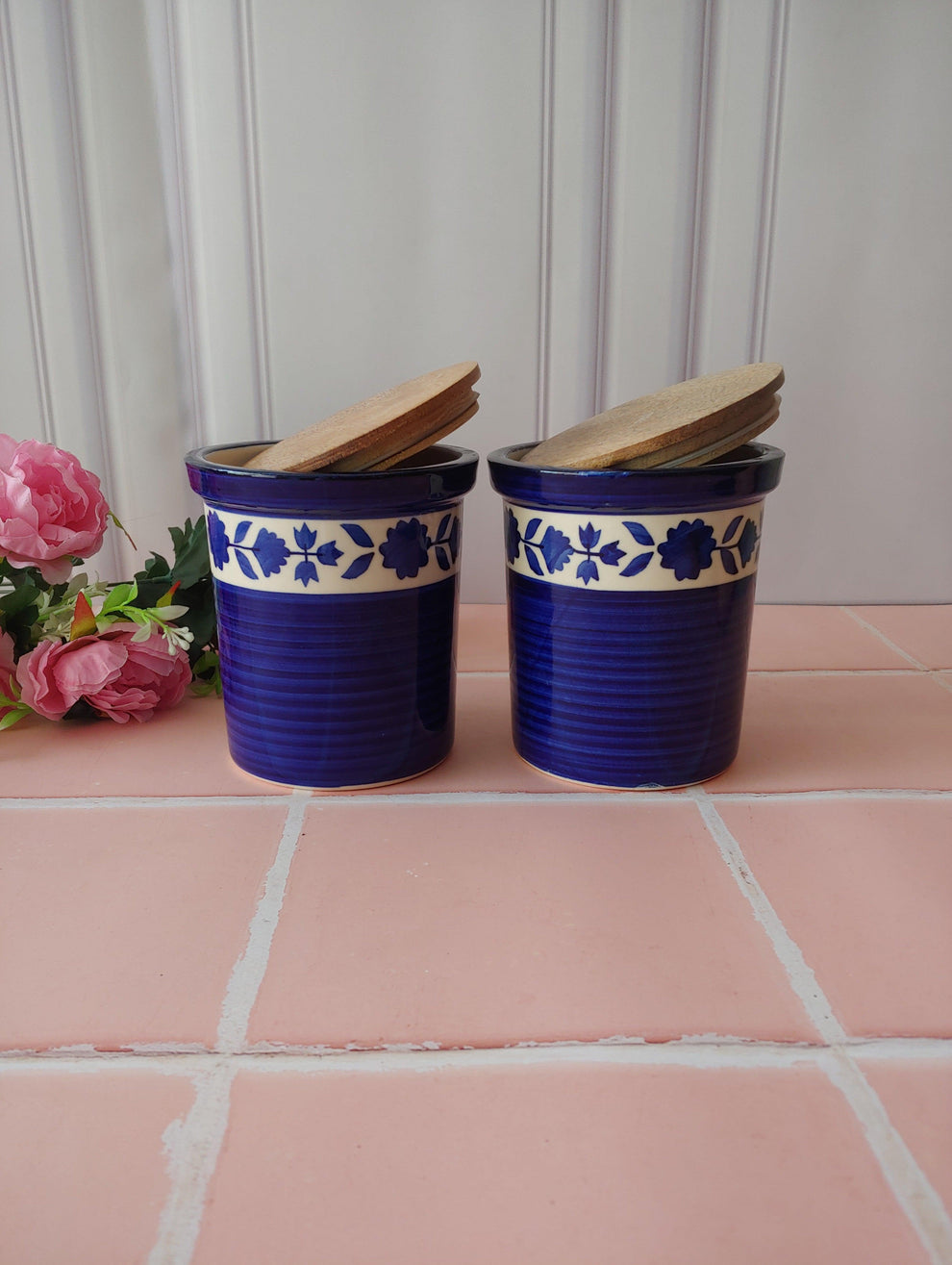 Blue Handpainted Ceramic Airtight Container 4" Half kg – Grey Pottery